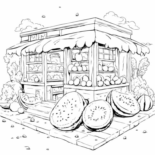 Download Fruit Stand with Watermelons and Oranges Coloring pages Online ...