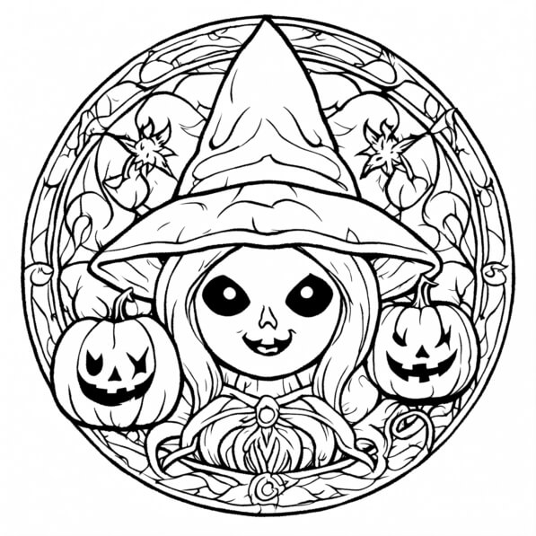 Download Whimsical Witch with Pumpkins for Halloween Coloring pages ...
