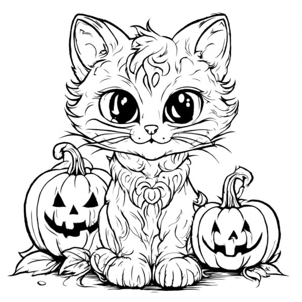 Download Cute Cat with Halloween Pumpkins Coloring pages Online ...