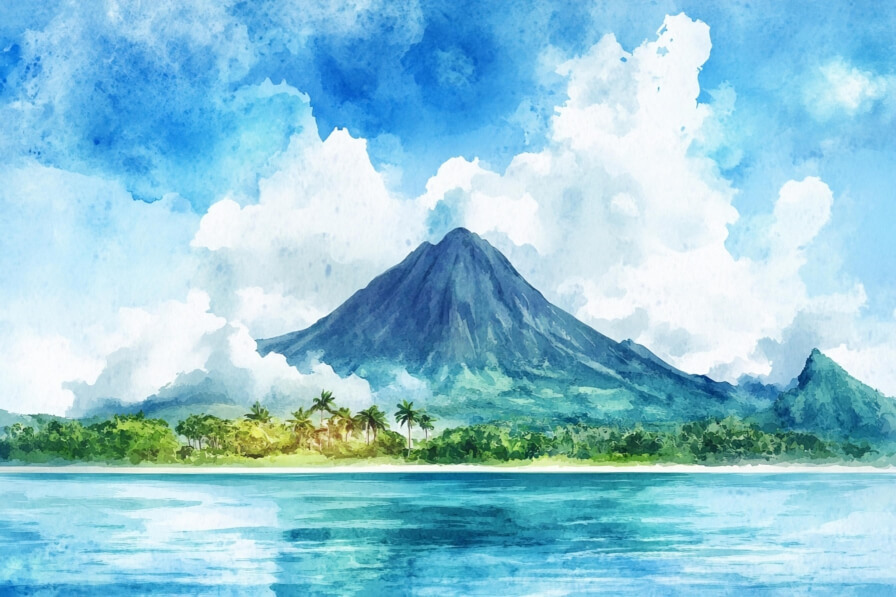 Download Majestic Volcano Landscape with Water and Sky Backgrounds ...
