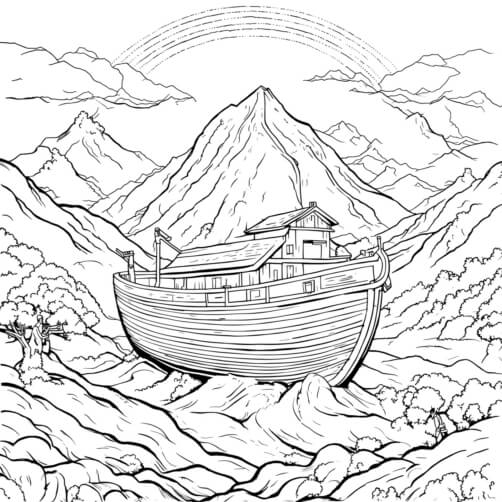 Download Noah's Ark on a Mountain Coloring pages Online - Creative Fabrica