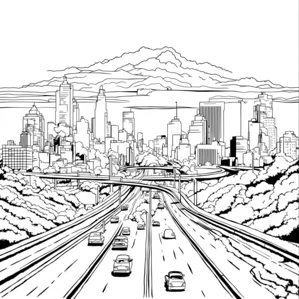 Download City Skyline with Highway and Vehicles Coloring pages Online ...