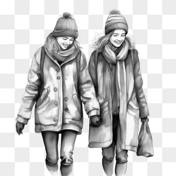 Download Two Friends Walking in Winter Sketches Online - Creative Fabrica