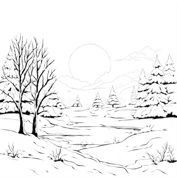 Download Winter Landscape with Bare Trees and Snow-Covered Evergreens ...