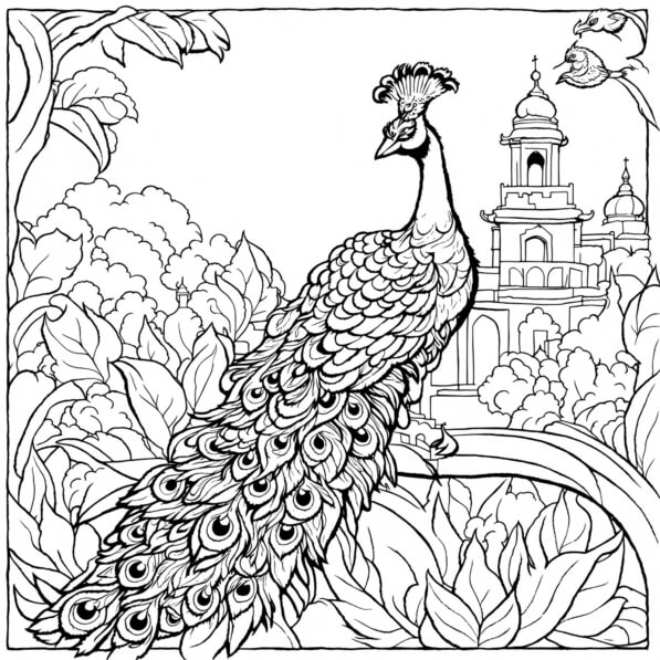 Download Elegant Peacock Surrounded by Foliage and Palace Coloring ...
