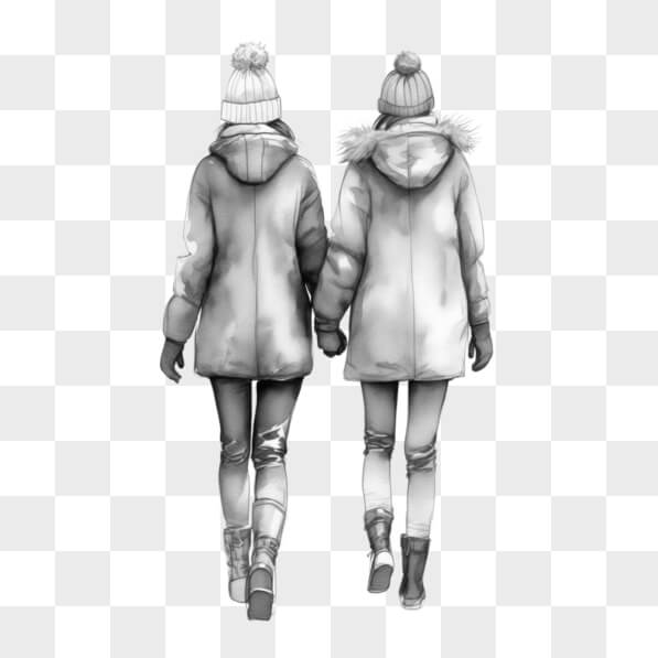 Descarga Dos Chicas Caminando De La Mano Con Ropa De Invierno Bocetos En Línea Creative Fabrica