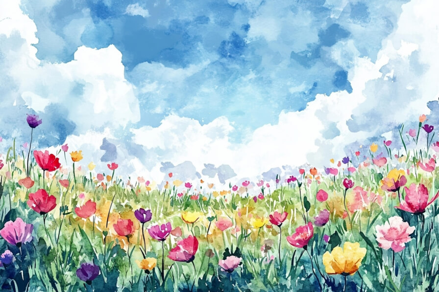 Download Colorful Flower Field with Blue Sky and Clouds Backgrounds ...