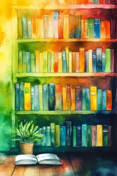 Download Colorful Bookshelf with Open Book and Plant Backgrounds Online ...