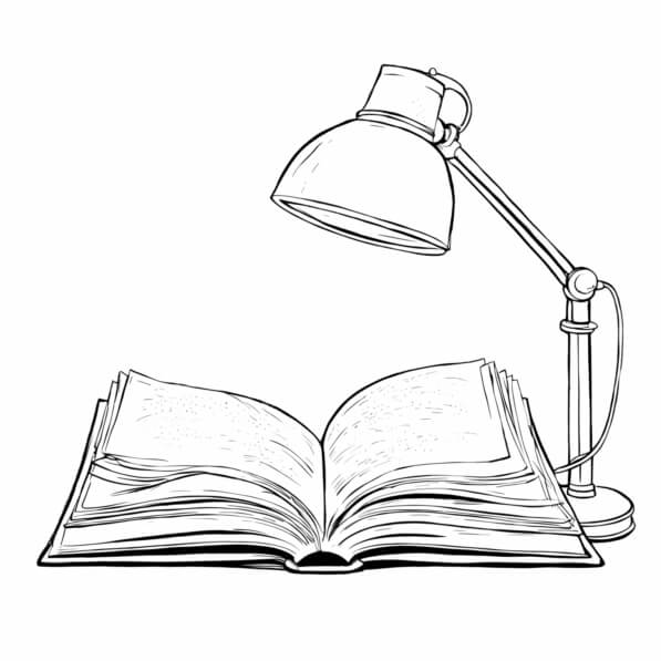 Download Open Book with Desk Lamp Coloring pages Online - Creative Fabrica