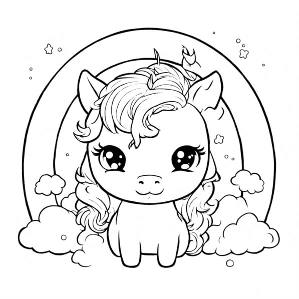 Descarga Unicornio de dibujos animados con arcoíris y nubes Páginas ...