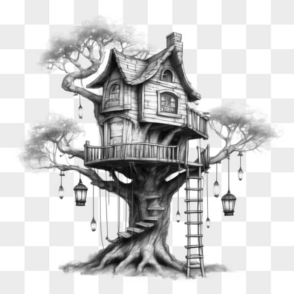 Download Whimsical Tree House in Nature Sketches Online - Creative Fabrica