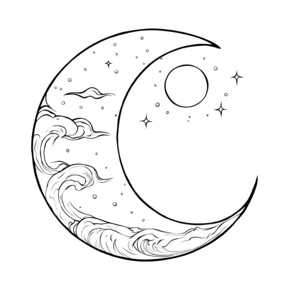 Download Crescent Moon with Waves and Stars Coloring pages Online ...