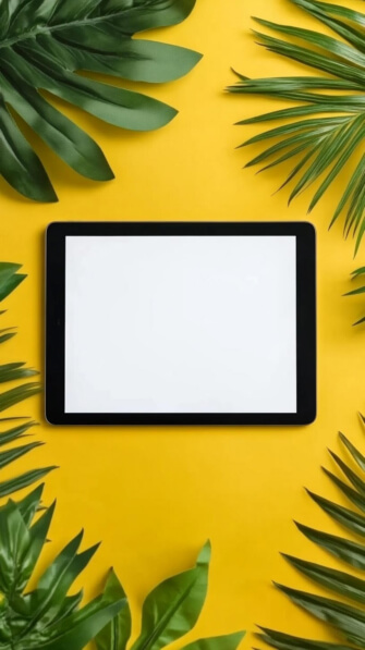 Download Tablet on Yellow Background with Green Leaves Mockups Online ...