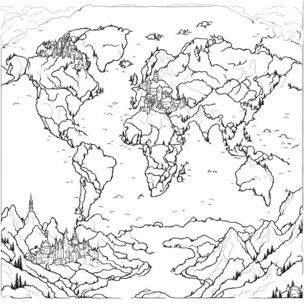 Download Whimsical World Map Illustration Coloring pages Online ...