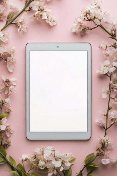 Baixe Tablet cercado por flores de cerejeira em fundo rosa Mockups ...