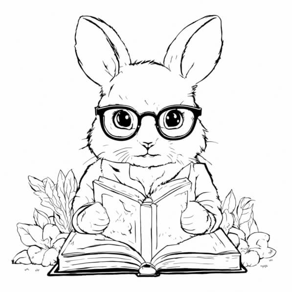 Download Reading Rabbit in Glasses Coloring pages Online - Creative Fabrica