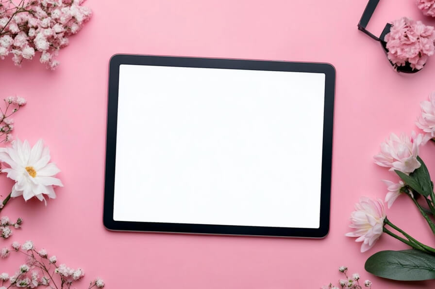 Baixe Tablet sobre fundo rosa com flores Mockups - Creative Fabrica