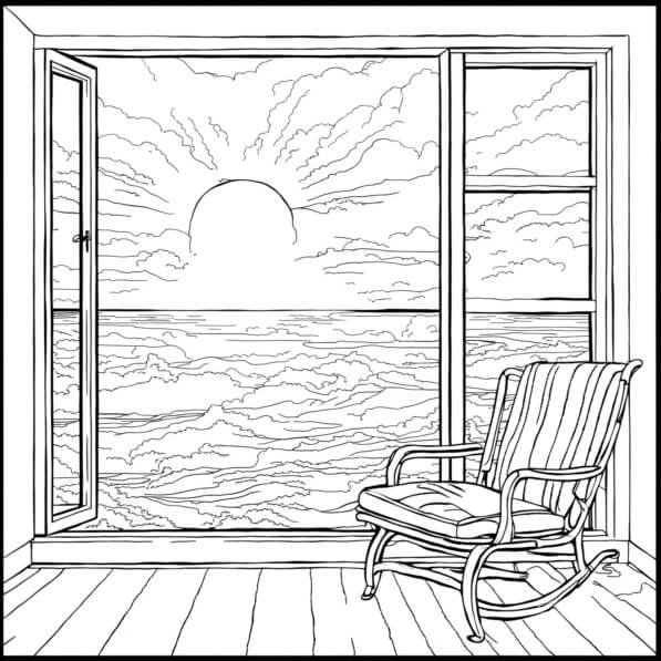 Download Cozy Interior with Ocean View at Sunset Coloring pages Online ...