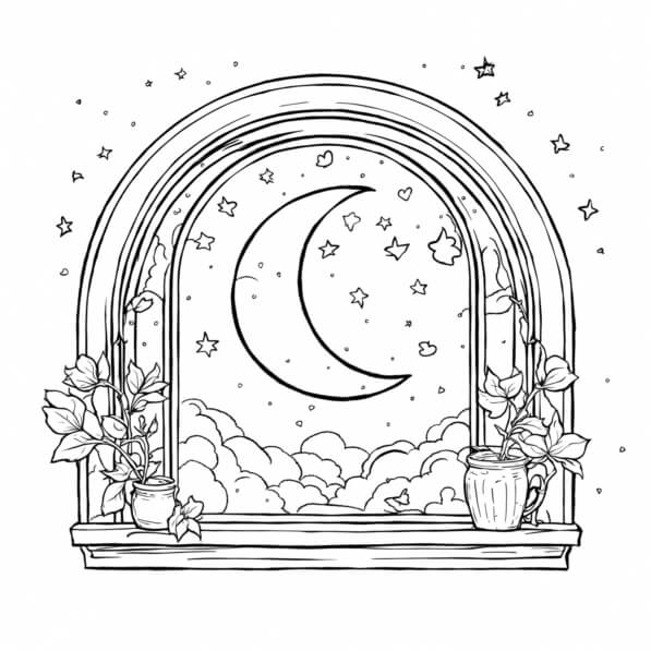 Download Whimsical Moonlit Window Coloring pages Online - Creative Fabrica