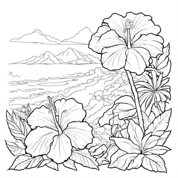 Download Tropical Hibiscus Flowers with Scenic Background Coloring ...