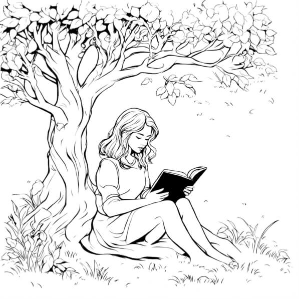 Download Young Woman Reading Under a Tree Coloring pages Online ...
