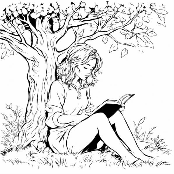 Download Girl Reading Under a Tree Coloring pages Online - Creative Fabrica