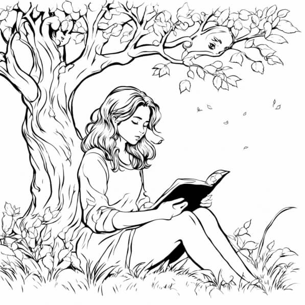 Download Girl Reading Under a Tree Coloring pages Online - Creative Fabrica