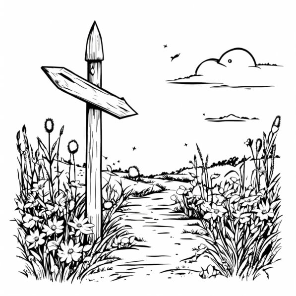 Download Scenic Pathway with Signpost and Wildflowers Coloring pages ...