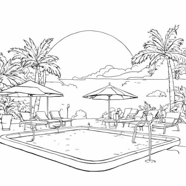 Download Relaxing Poolside Scene with Palm Trees Coloring pages Online ...