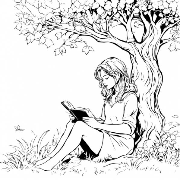 Download Girl Reading Under a Tree Coloring pages Online - Creative Fabrica