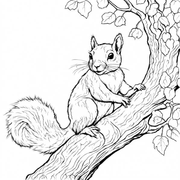Download Squirrel on a Tree Branch Coloring pages Online - Creative Fabrica