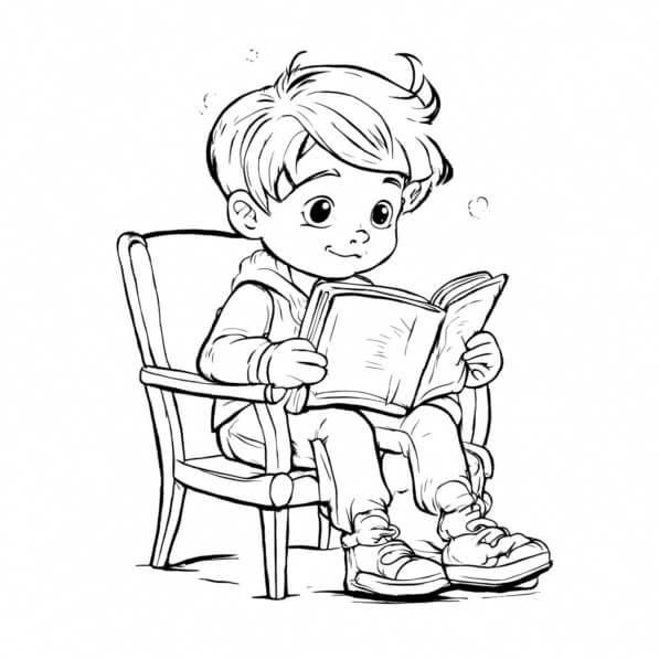 Download Young Boy Reading a Book Coloring pages Online - Creative Fabrica