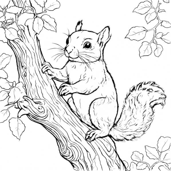 Download Squirrel on a Tree Branch Coloring pages Online - Creative Fabrica