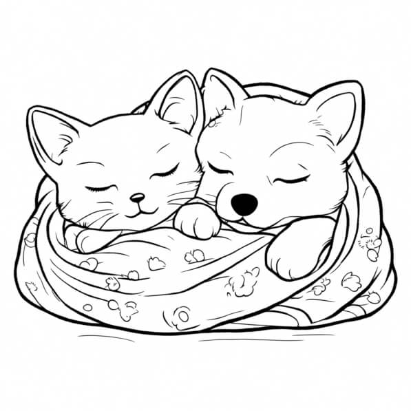Download Cat and Dog Cuddling Under a Blanket Coloring pages Online ...