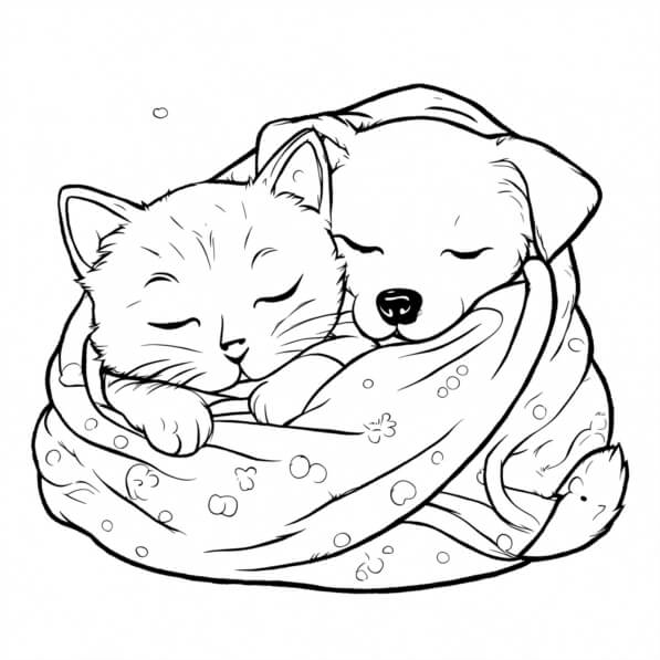 Download Sleeping Cat and Puppy Wrapped in Blanket Coloring pages ...