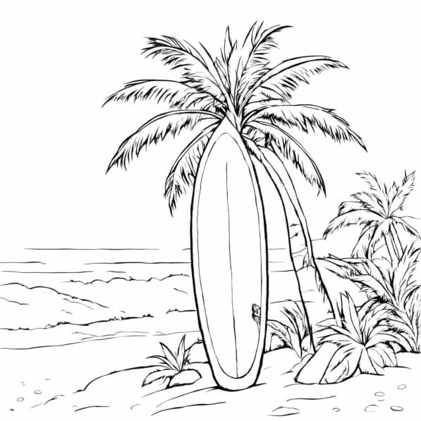 Download Tropical Beach with Surfboard and Palm Trees Coloring pages ...