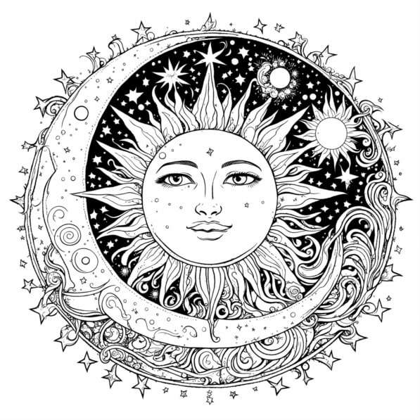 Download Celestial Illustration of Sun and Moon Coloring pages Online ...