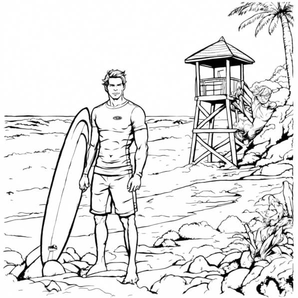 Download Surfer at the Beach with Lifeguard Tower Coloring pages Online ...