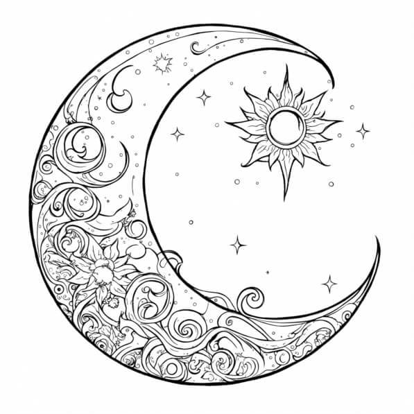 Download Intricate Line Drawing of Moon and Sun Coloring pages Online ...