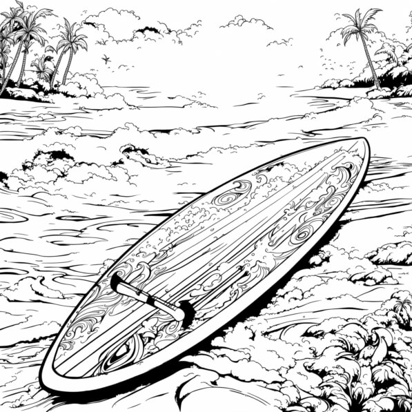 Download Paddleboard on Calm Waters with Palm Trees and Clouds Coloring ...