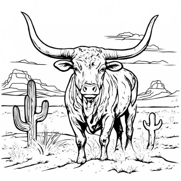 Download Longhorn Steer in Desert Landscape Coloring pages Online ...