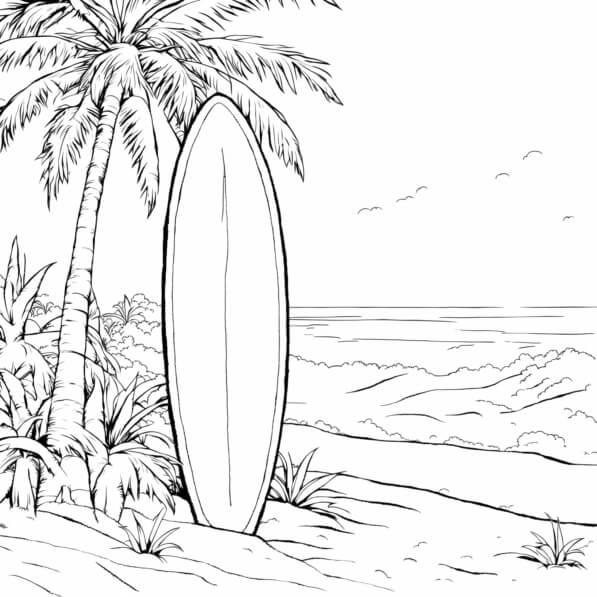 Download Beach Scene with Surfboard and Palm Trees Coloring pages ...