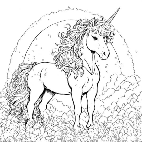Download Line Drawing of a Unicorn in a Dreamy Landscape Coloring pages ...