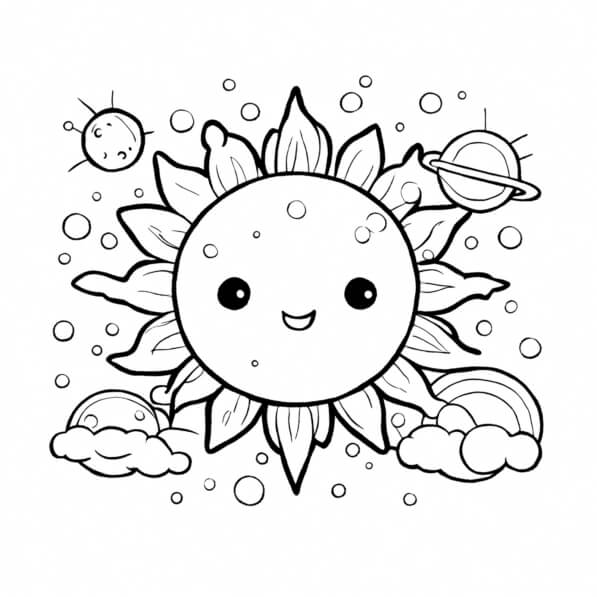 Download Cheerful Sun in Space Coloring pages Online - Creative Fabrica