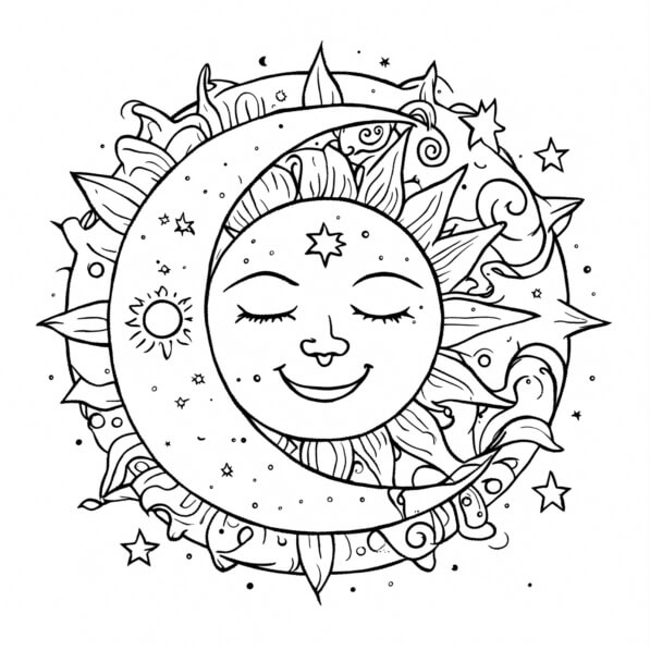 Download Whimsical Sun and Moon Illustration Coloring pages Online ...