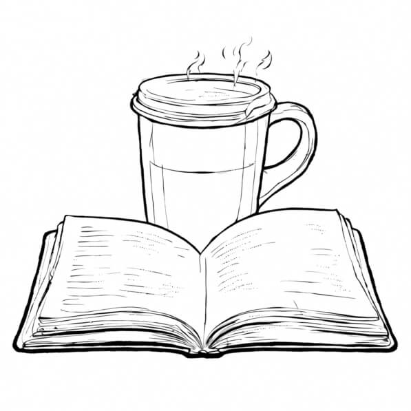 Download Open Book and Coffee Cup Coloring pages Online - Creative Fabrica