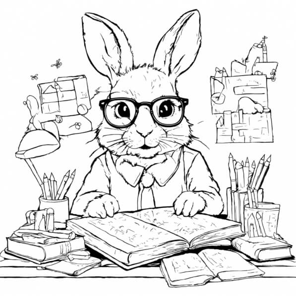 Download Studious Rabbit at Desk with Books and Stationery Coloring ...