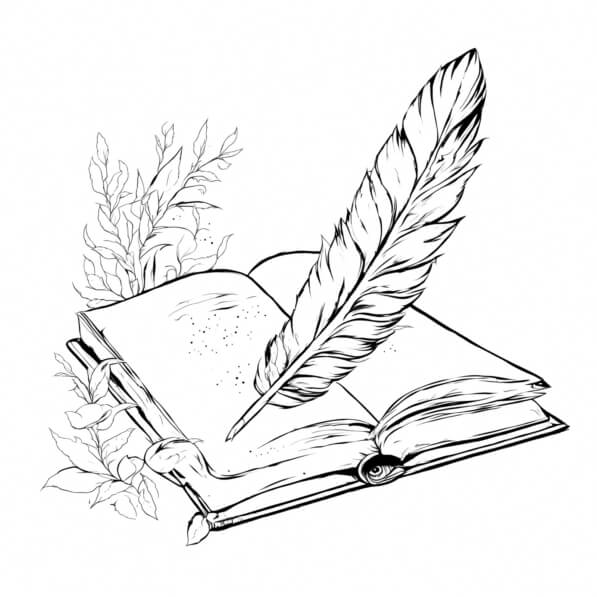 Descarga Libro abierto con pluma y hojas Páginas para colorear En Línea ...