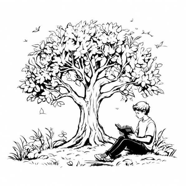 Download Boy Reading Under a Tree Coloring pages Online - Creative Fabrica
