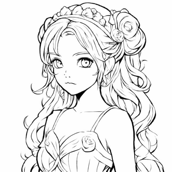 Download Line Art of a Young Woman with Floral Accents Coloring pages ...